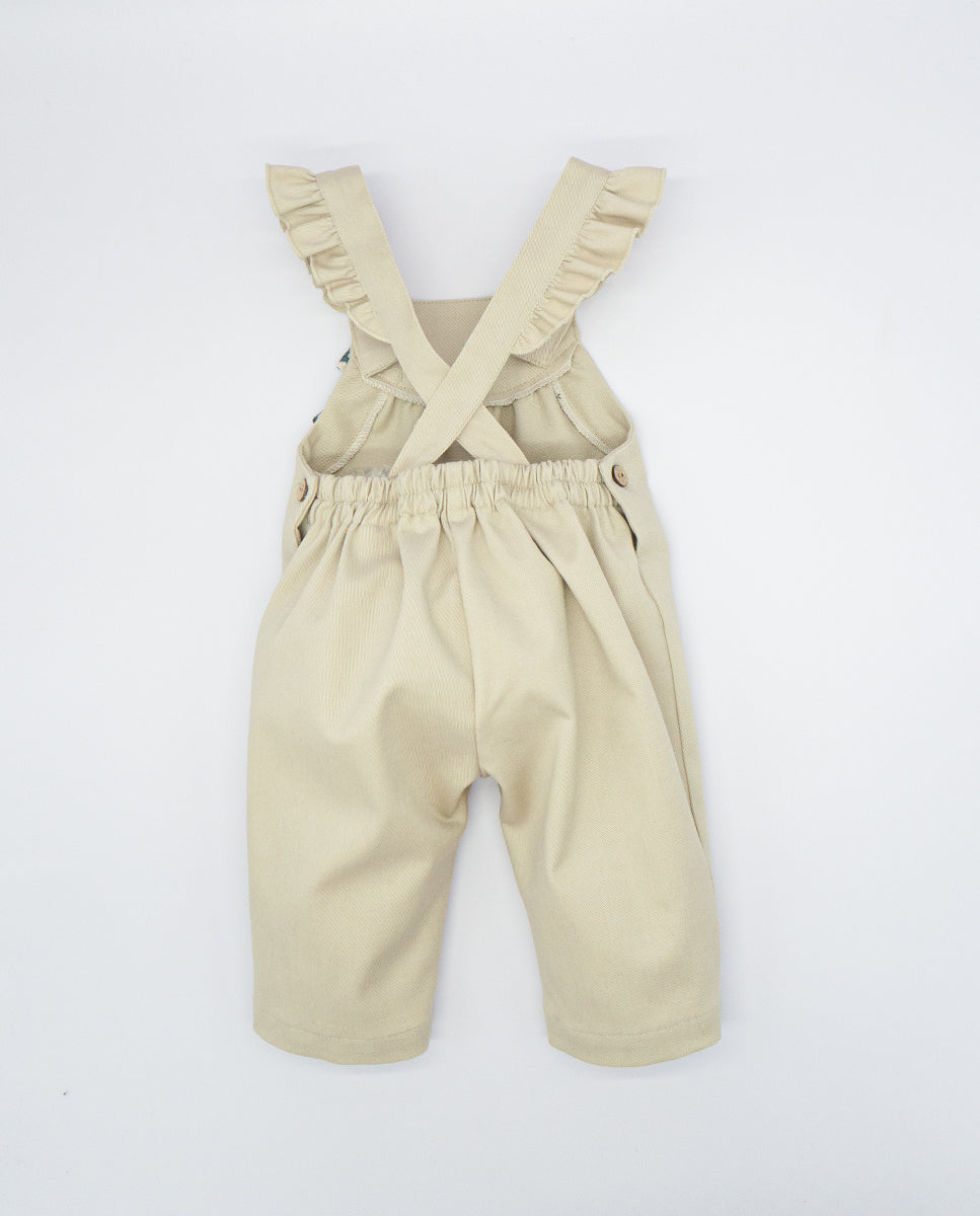 Beige Cotton Dungarees with Flower Bow and Ruffles – MIBONBóN
